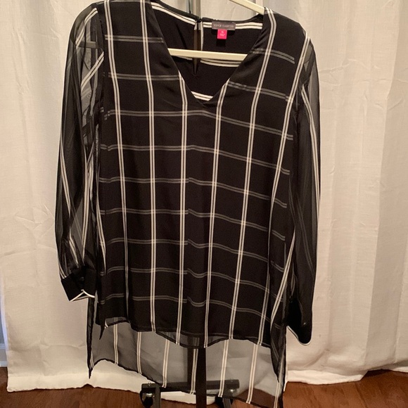 Vince Camuto | Tops | Lined Highlow Detail Black Window Pane Sheer ...